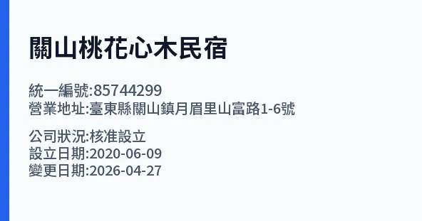 關山桃花心木民宿的照片-統編 85744299(臺東縣) 公司登記資料與營業項目詳細圖表