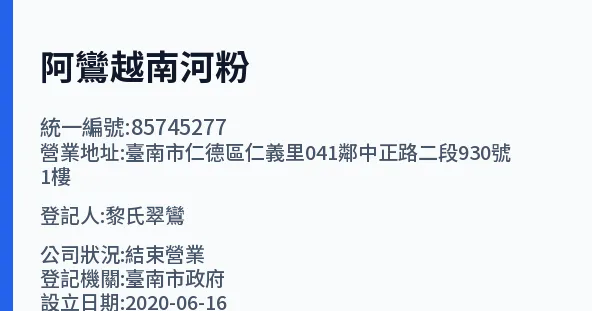 阿鸞越南河粉的照片-統編 85745277(臺南市) 公司登記資料與營業項目詳細圖表