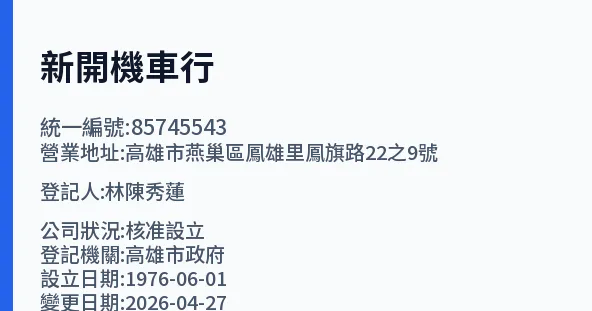 新開機車行的照片-統編 85745543(高雄市) 公司登記資料與營業項目詳細圖表