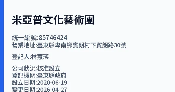 米亞普文化藝術團的照片-統編 85746424(臺東縣) 公司登記資料與營業項目詳細圖表