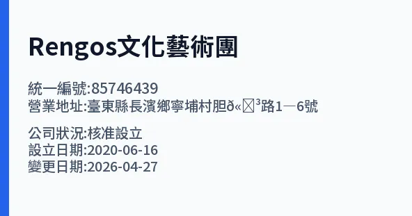 Rengos文化藝術團的照片-統編 85746439(臺東縣) 公司登記資料與營業項目詳細圖表