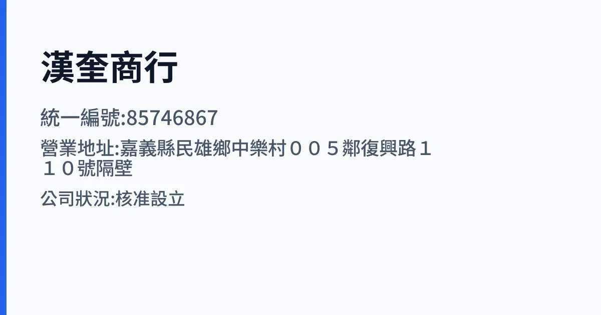 漢奎商行 - 統編 85746867(嘉義縣) 公司登記資料與營業項目詳細圖表