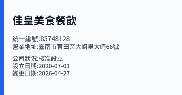 佳皇美食餐飲的照片-統編 85748128(臺南市) 公司登記資料與營業項目詳細圖表