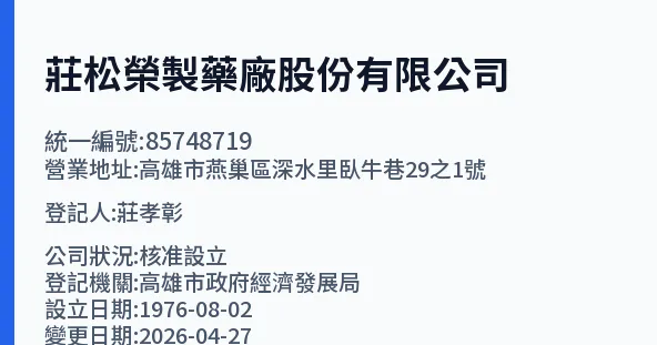莊松榮製藥廠股份有限公司的照片-統編 85748719(高雄市) 公司登記資料與營業項目詳細圖表