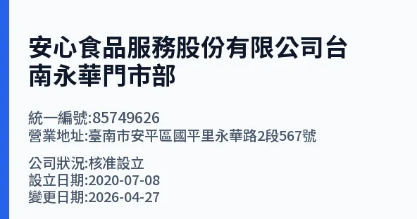 安心食品服務股份有限公司台南永華門市部的照片-統編 85749626(臺南市) 公司登記資料與營業項目詳細圖表