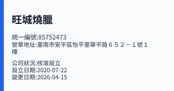 旺城燒臘的照片-統編 85752473(臺南市) 公司登記資料與營業項目詳細圖表