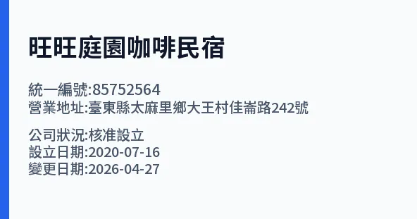 旺旺庭園咖啡民宿的照片-統編 85752564(臺東縣) 公司登記資料與營業項目詳細圖表