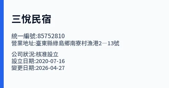 三悅民宿的照片-統編 85752810(臺東縣) 公司登記資料與營業項目詳細圖表