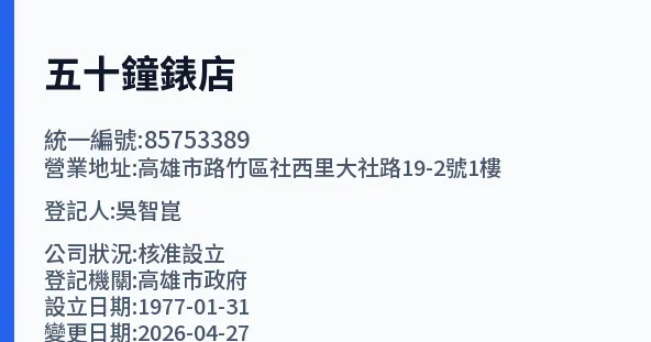 五十鐘錶店的照片-統編 85753389(高雄市) 公司登記資料與營業項目詳細圖表
