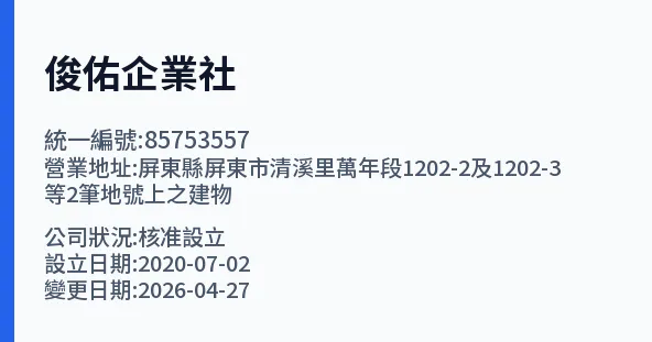 俊佑企業社的照片-統編 85753557(屏東縣) 公司登記資料與營業項目詳細圖表