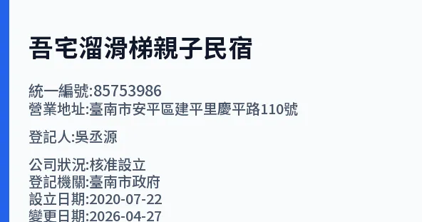 吾宅溜滑梯親子民宿的照片-統編 85753986(臺南市) 公司登記資料與營業項目詳細圖表