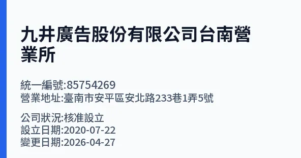 九井廣告股份有限公司台南營業所的照片-統編 85754269(臺南市) 公司登記資料與營業項目詳細圖表