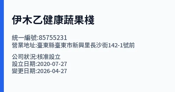 伊木乙健康蔬果棧的照片-統編 85755231(臺東縣) 公司登記資料與營業項目詳細圖表