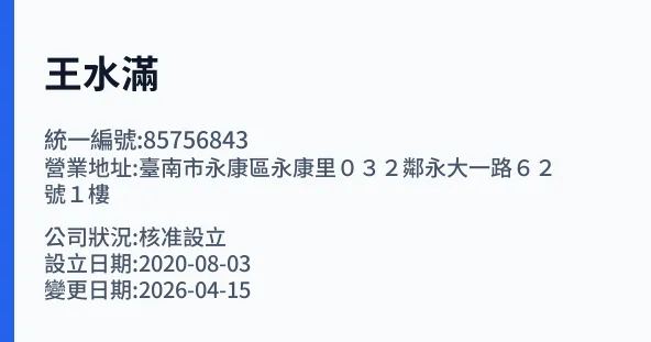 王水滿的照片-統編 85756843(臺南市) 公司登記資料與營業項目詳細圖表