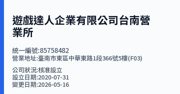 遊戲達人企業有限公司台南營業所的照片-統編 85758482(臺南市) 公司登記資料與營業項目詳細圖表