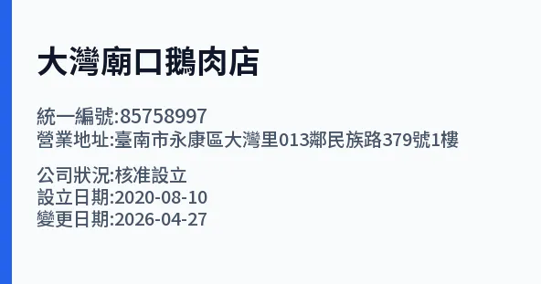 大灣廟口鵝肉店的照片-統編 85758997(臺南市) 公司登記資料與營業項目詳細圖表