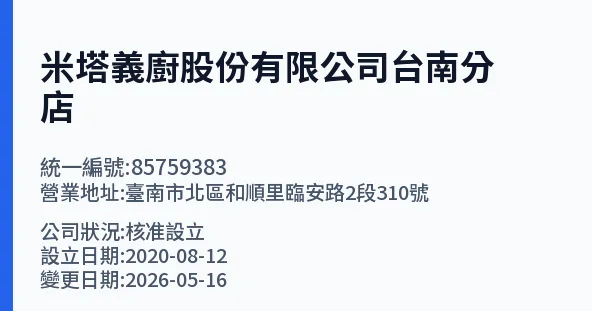 米塔義廚股份有限公司台南分店的照片-統編 85759383(臺南市) 公司登記資料與營業項目詳細圖表