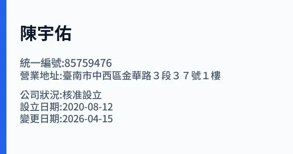 陳宇佑的照片-統編 85759476(臺南市) 公司登記資料與營業項目詳細圖表