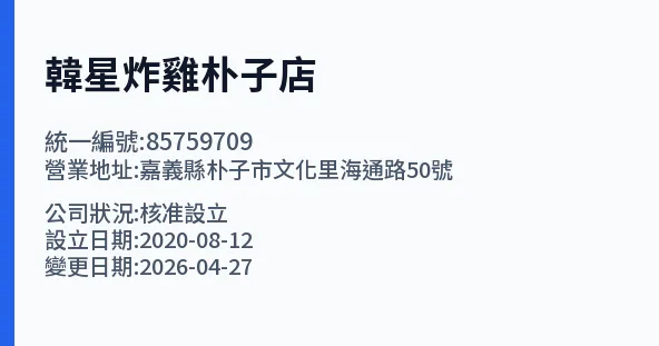 韓星炸雞朴子店的照片-統編 85759709(嘉義縣) 公司登記資料與營業項目詳細圖表
