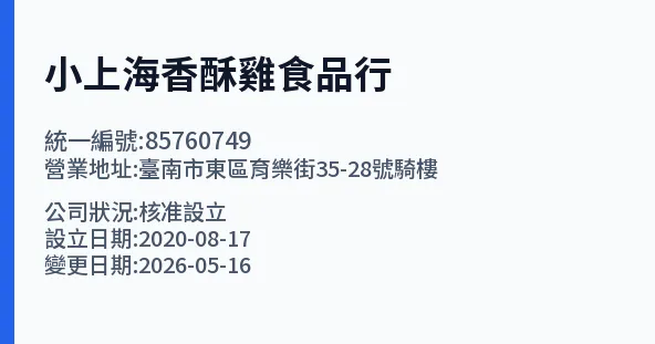 小上海香酥雞食品行的照片-統編 85760749(臺南市) 公司登記資料與營業項目詳細圖表