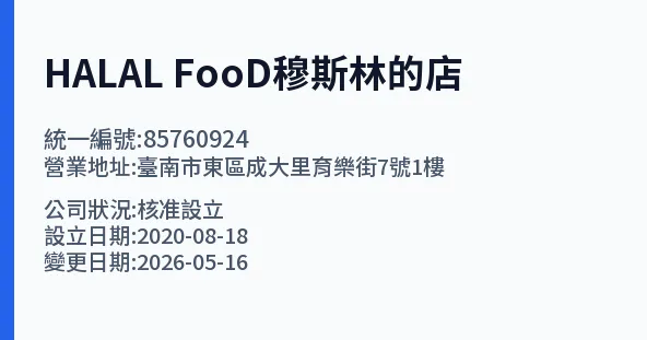 HALAL FooD穆斯林的店的照片-統編 85760924(臺南市) 公司登記資料與營業項目詳細圖表