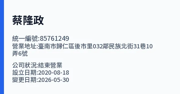 蔡隆政的照片-統編 85761249(臺南市) 公司登記資料與營業項目詳細圖表