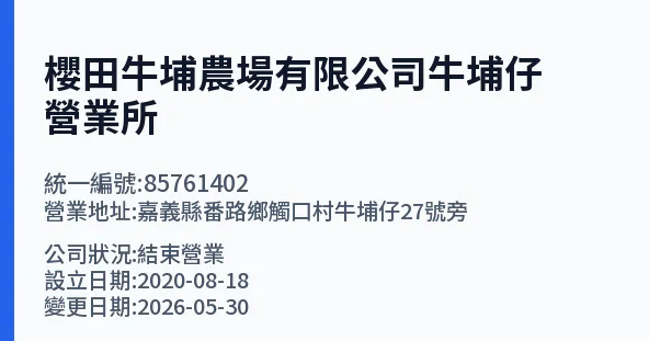 櫻田牛埔農場有限公司牛埔仔營業所的照片-統編 85761402(嘉義縣) 公司登記資料與營業項目詳細圖表