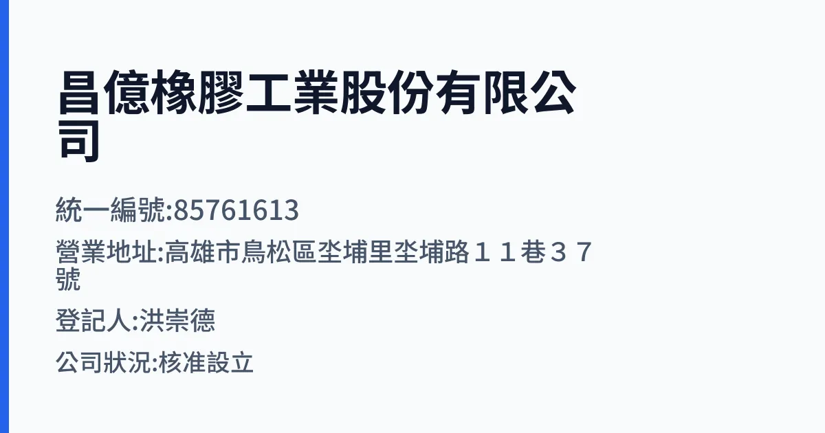 昌億橡膠工業股份有限公司 - 統編 85761613(高雄市) 公司登記資料與營業項目詳細圖表