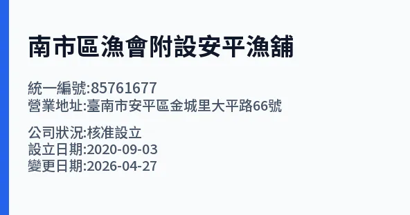 南市區漁會附設安平漁舖的照片-統編 85761677(臺南市) 公司登記資料與營業項目詳細圖表