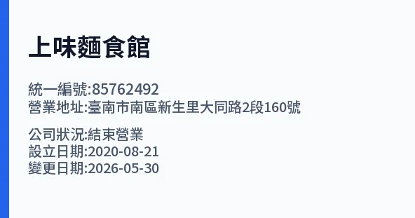 上味麵食館的照片-統編 85762492(臺南市) 公司登記資料與營業項目詳細圖表
