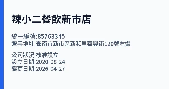 辣小二餐飲新市店的照片-統編 85763345(臺南市) 公司登記資料與營業項目詳細圖表