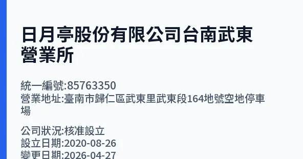 日月亭股份有限公司台南武東營業所的照片-統編 85763350(臺南市) 公司登記資料與營業項目詳細圖表