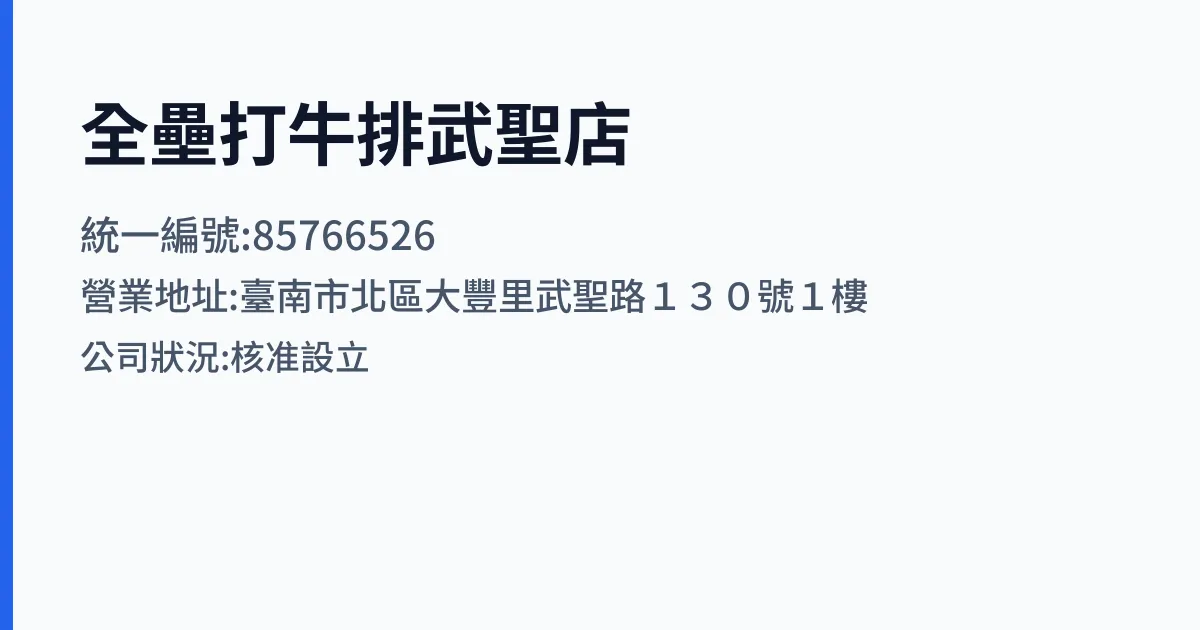全壘打牛排武聖店 - 統編 85766526(臺南市) 公司登記資料與營業項目詳細圖表