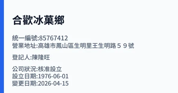 合歡冰菓鄉的照片-統編 85767412(高雄市) 公司登記資料與營業項目詳細圖表