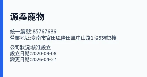 源鑫寵物的照片-統編 85767686(臺南市) 公司登記資料與營業項目詳細圖表
