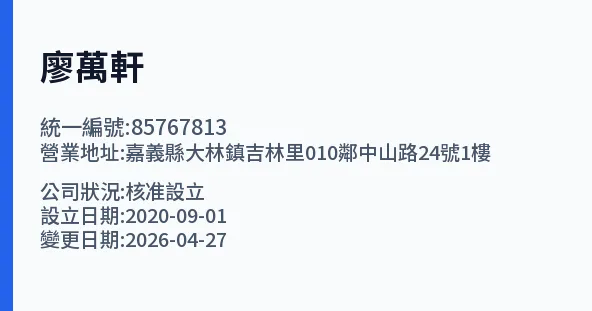廖萬軒的照片-統編 85767813(嘉義縣) 公司登記資料與營業項目詳細圖表