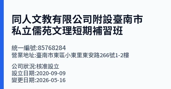 同人文教有限公司附設臺南市私立儒苑文理短期補習班的照片-統編 85768284(臺南市) 公司登記資料與營業項目詳細圖表