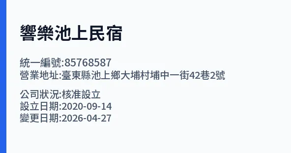 響樂池上民宿的照片-統編 85768587(臺東縣) 公司登記資料與營業項目詳細圖表