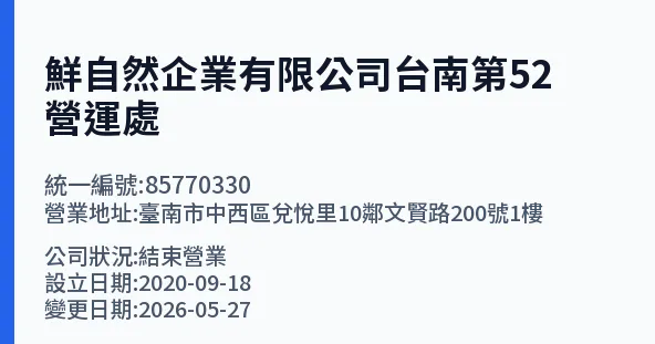鮮自然企業有限公司台南第52營運處的照片-統編 85770330(臺南市) 公司登記資料與營業項目詳細圖表