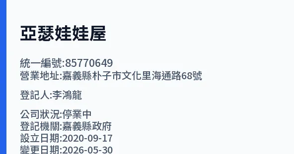 亞瑟娃娃屋的照片-統編 85770649(嘉義縣) 公司登記資料與營業項目詳細圖表