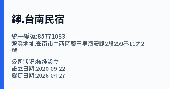 鑏.台南民宿的照片-統編 85771083(臺南市) 公司登記資料與營業項目詳細圖表