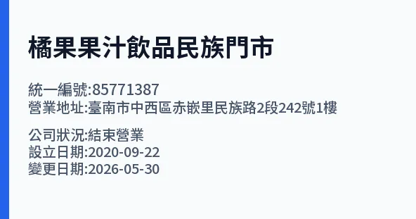 橘果果汁飲品民族門市的照片-統編 85771387(臺南市) 公司登記資料與營業項目詳細圖表