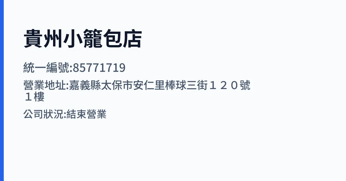 貴州小籠包店 - 統編 85771719(嘉義縣) 公司登記資料與營業項目詳細圖表