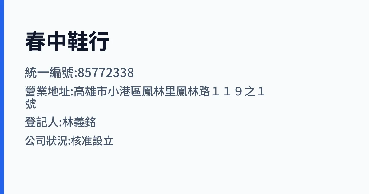 春中鞋行 - 統編 85772338(高雄市) 公司登記資料與營業項目詳細圖表