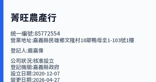 菁旺農產行的照片-統編 85772554(嘉義縣) 公司登記資料與營業項目詳細圖表