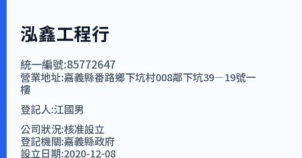 泓鑫工程行的照片-統編 85772647(嘉義縣) 公司登記資料與營業項目詳細圖表