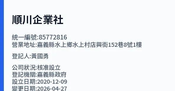 順川企業社的照片-統編 85772816(嘉義縣) 公司登記資料與營業項目詳細圖表