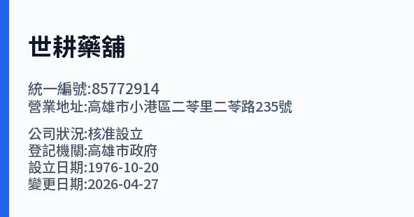 世耕藥舖的照片-統編 85772914(高雄市) 公司登記資料與營業項目詳細圖表