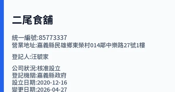 二尾食舖的照片-統編 85773337(嘉義縣) 公司登記資料與營業項目詳細圖表