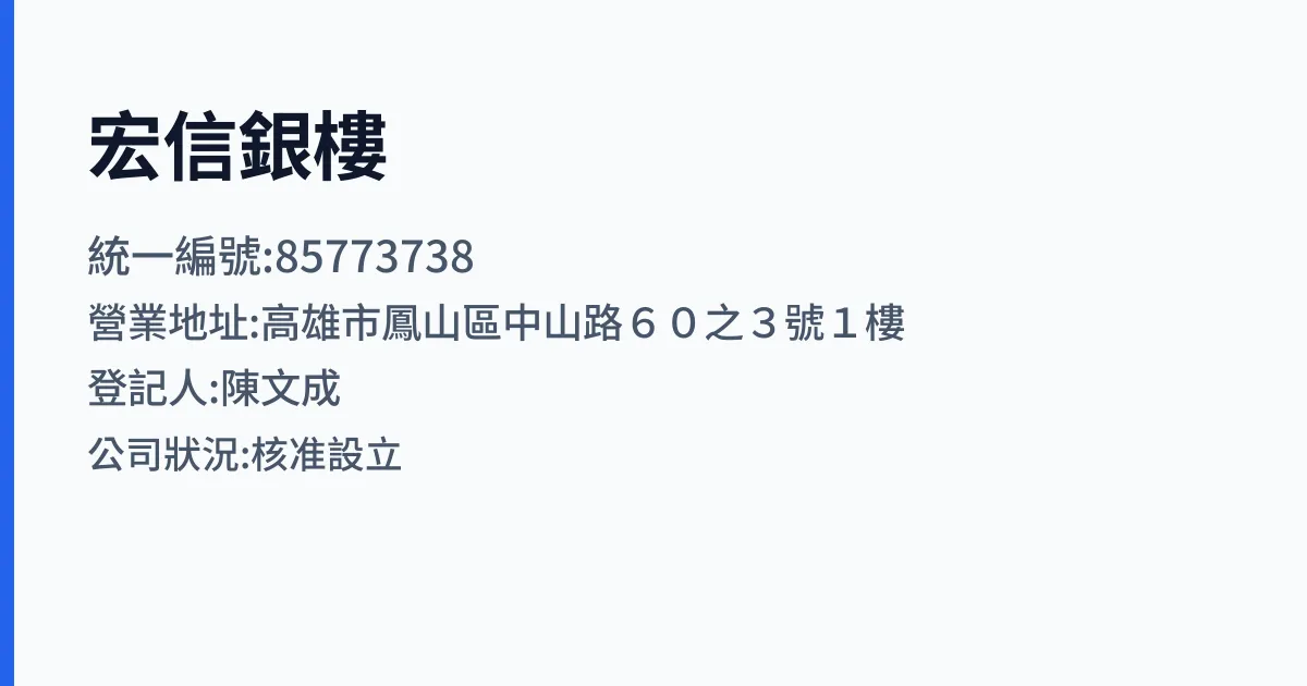 宏信銀樓 - 統編 85773738(高雄市) 公司登記資料與營業項目詳細圖表